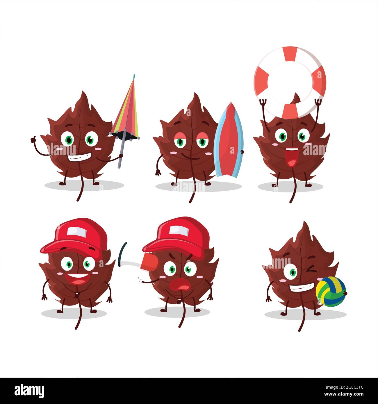 Happy Face brown autumn leaf cartoon character playing on a beach ...