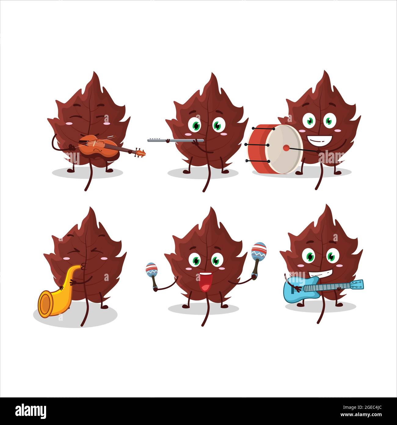 Cartoon character of brown autumn leaf playing some musical instruments ...