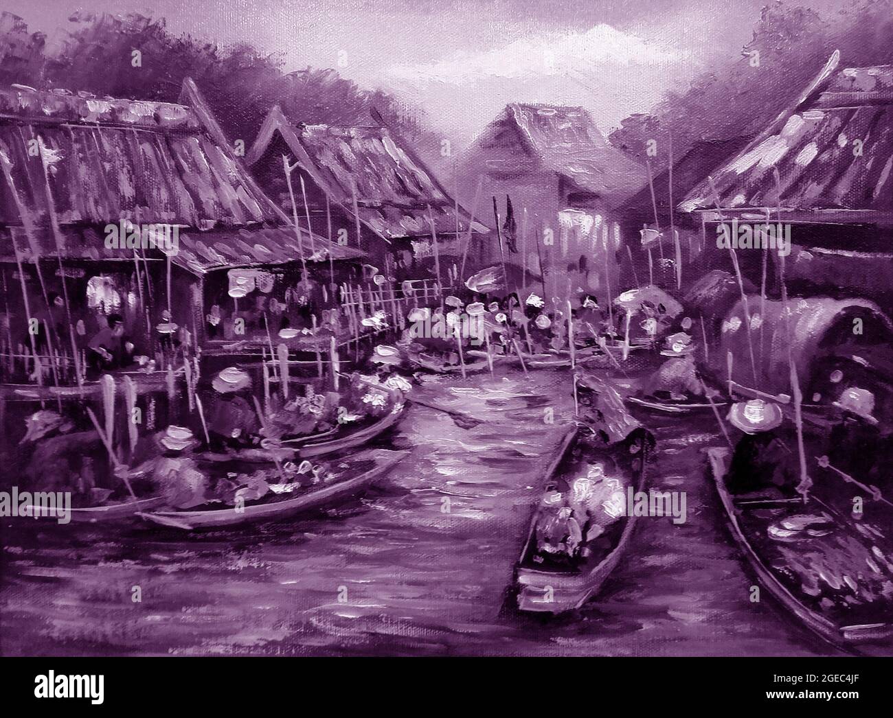 Art painting Fine art Oil color Floating market in the dark purple from ...