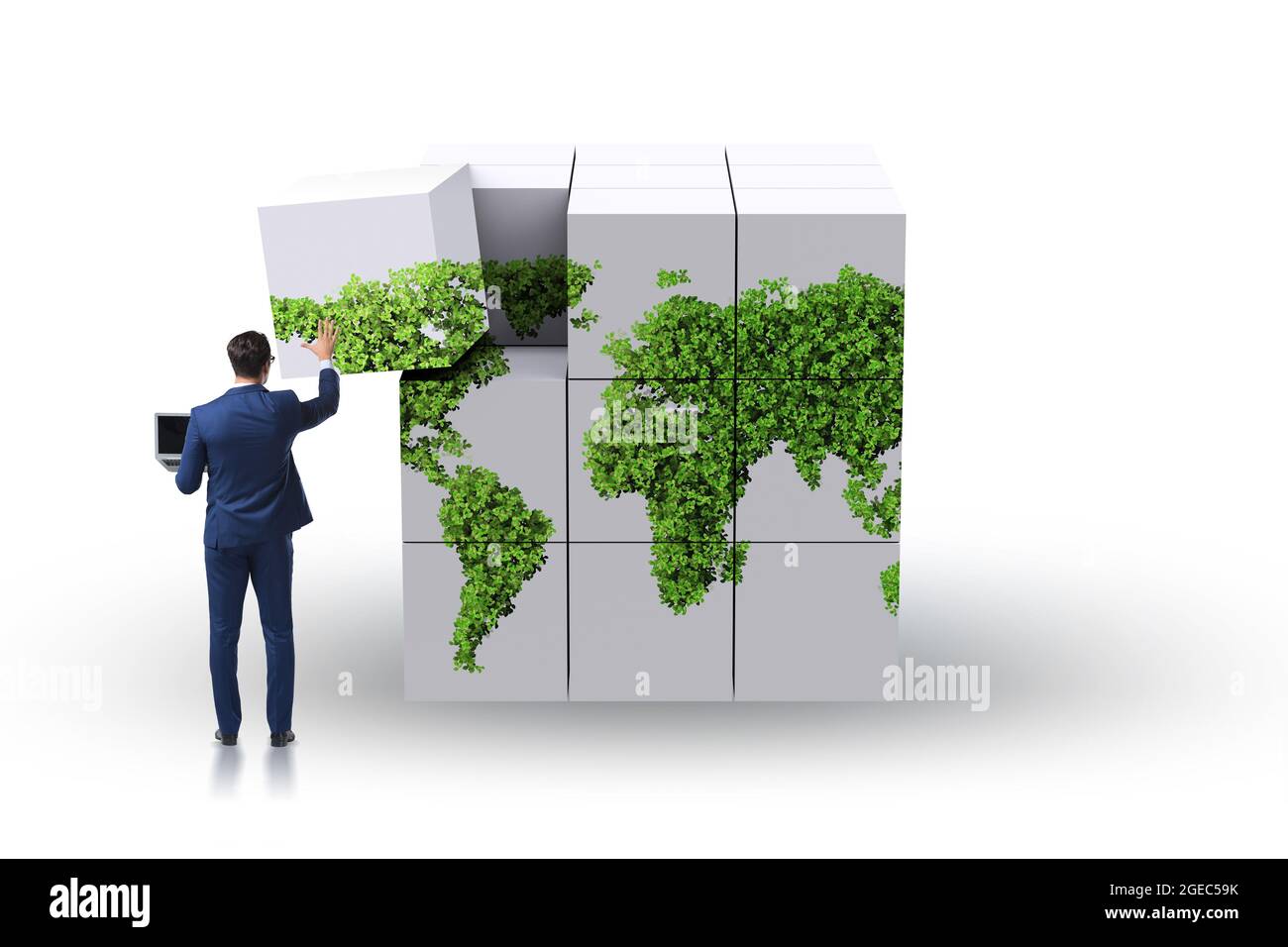 Businessman building world map from the cubes Stock Photo - Alamy