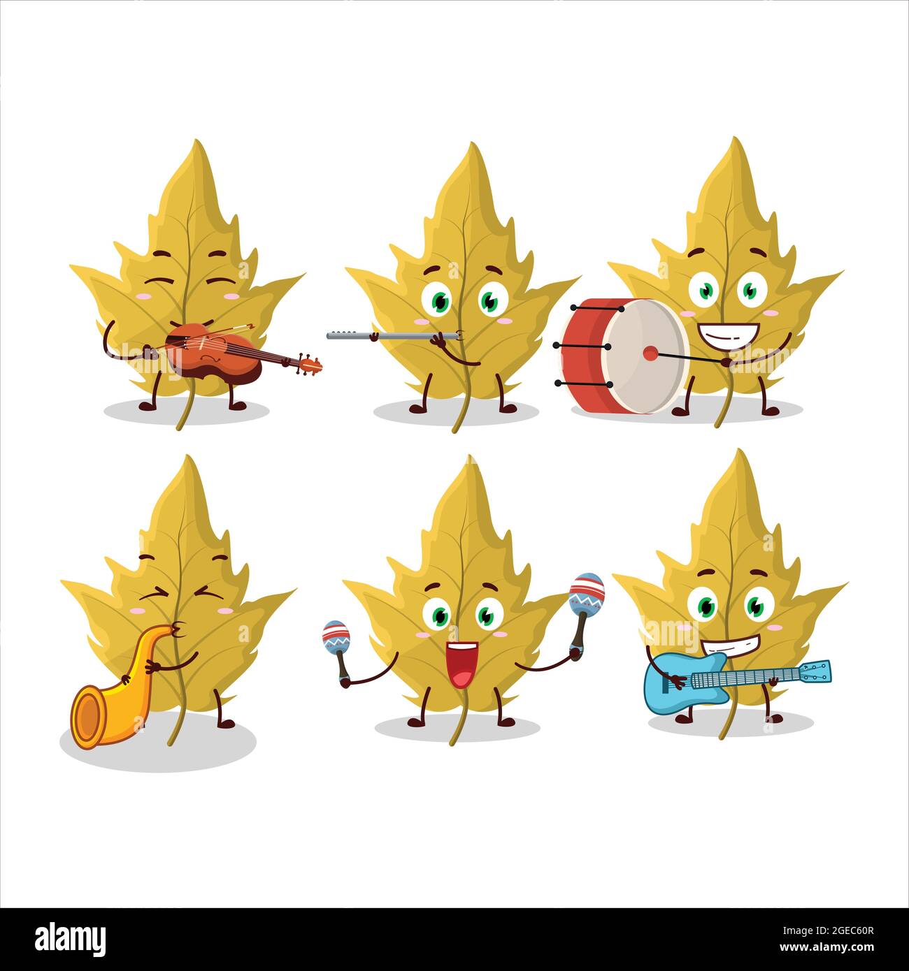 Cartoon character of maple yellow leaf playing some musical instruments ...
