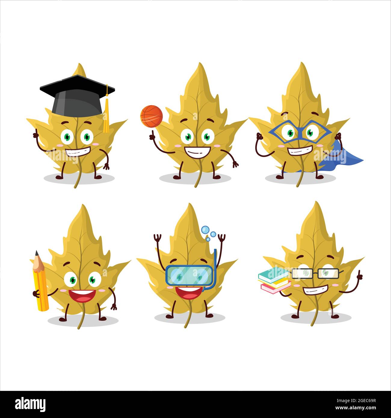 School student of maple yellow leaf cartoon character with various ...
