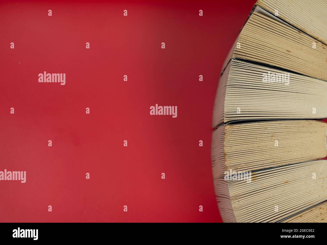 Close-up of a stack of books side by side from top view. Selective ...