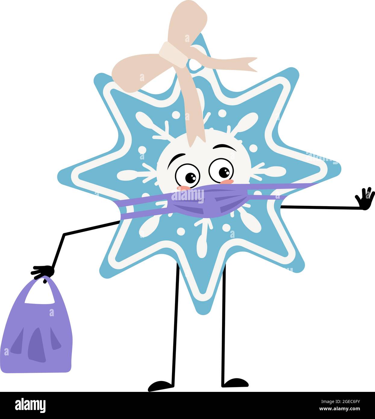 Cute Christmas snowflake with sad emotions, face and mask keep distance ...