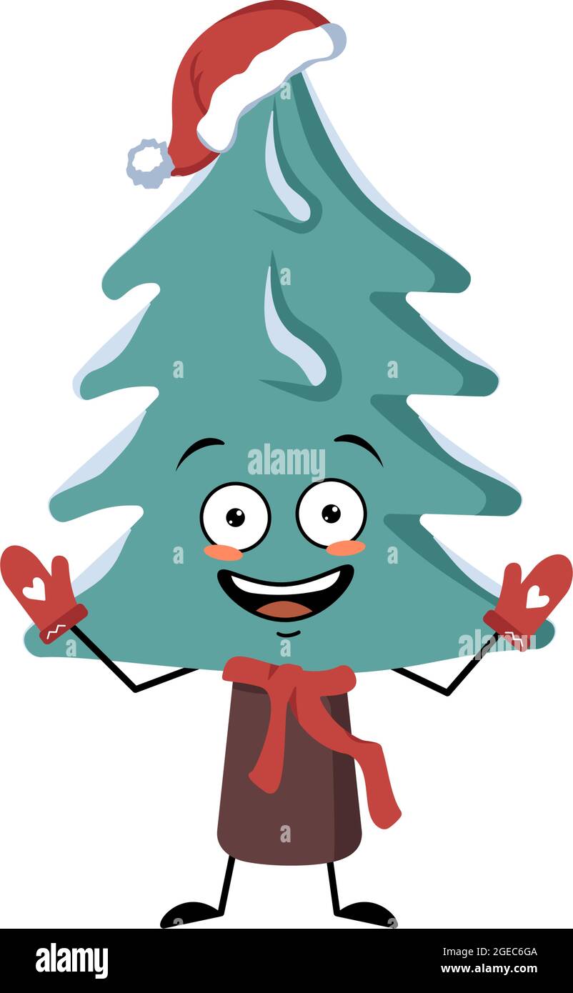 Cute Christmas tree with joyful emotions, smile face, happy eyes, arms ...