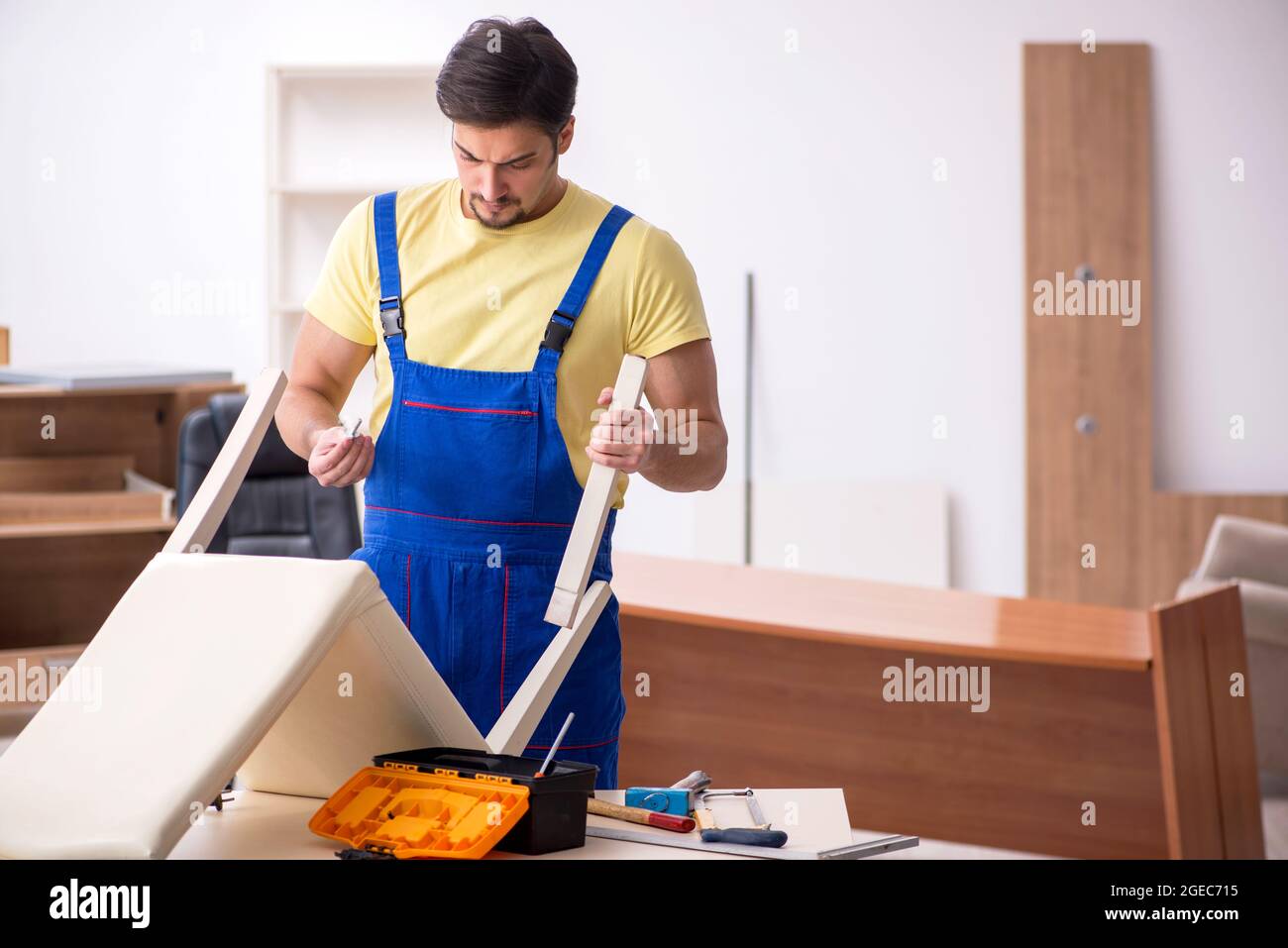 Young carpenter repairing chair in the office Stock Photo - Alamy
