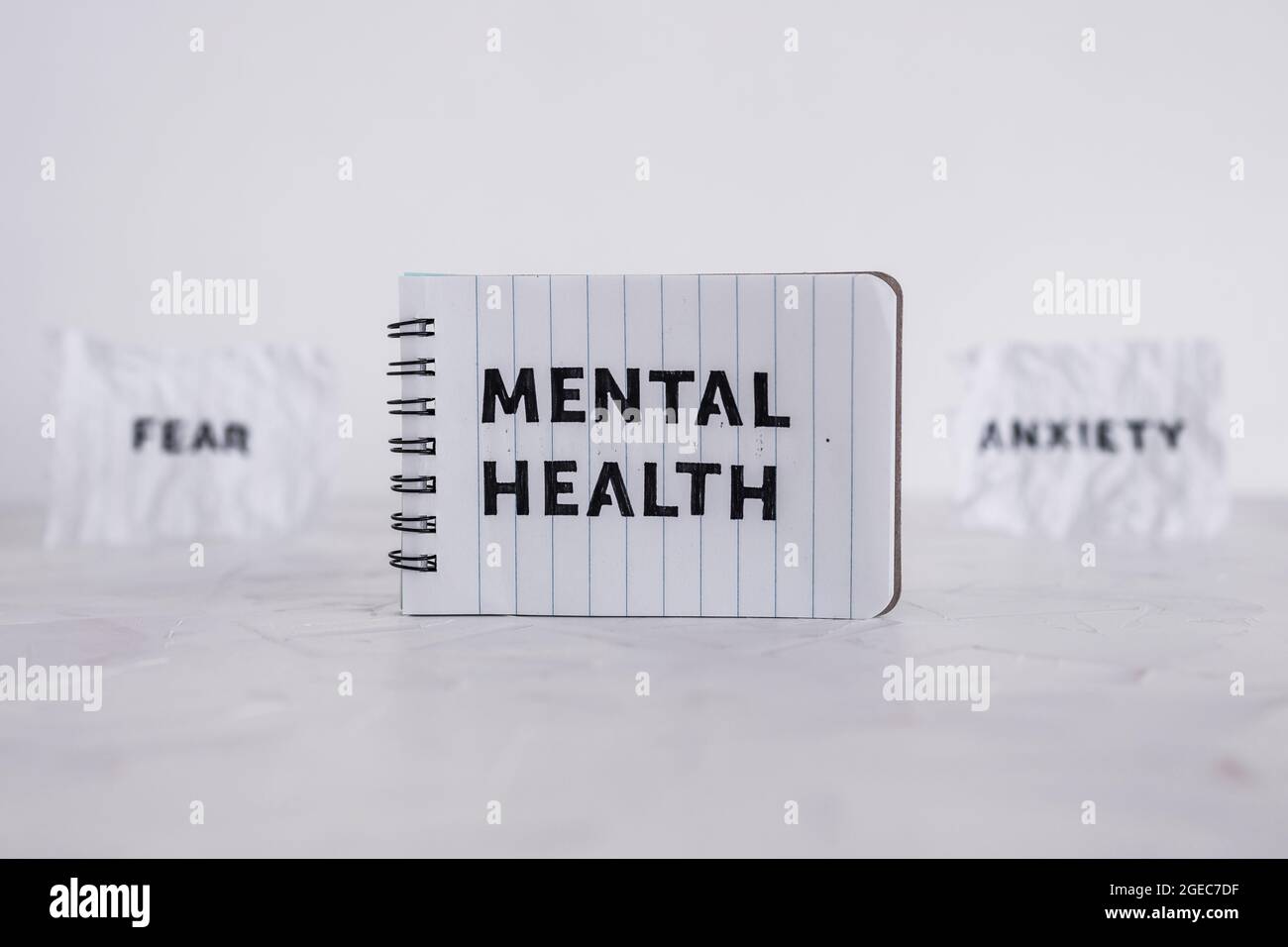 Mental health text on notepad surrounded by Anxiety and Fear words on ...