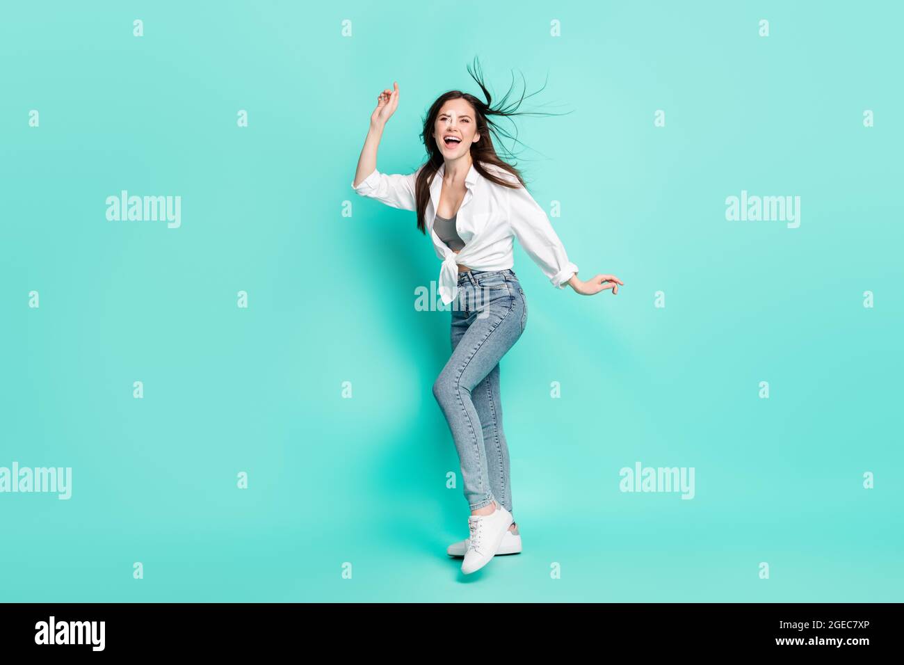 Full length photo of attractive young cheerful lady enjoy weekend fly ...