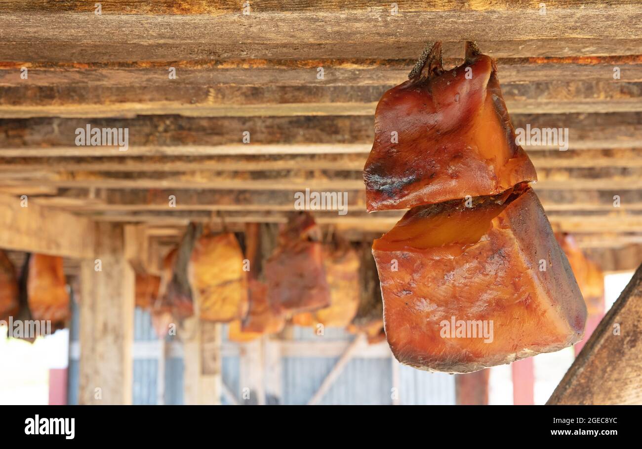 Specialty of iceland called hakarl (fermented shark) in open warehouse ...