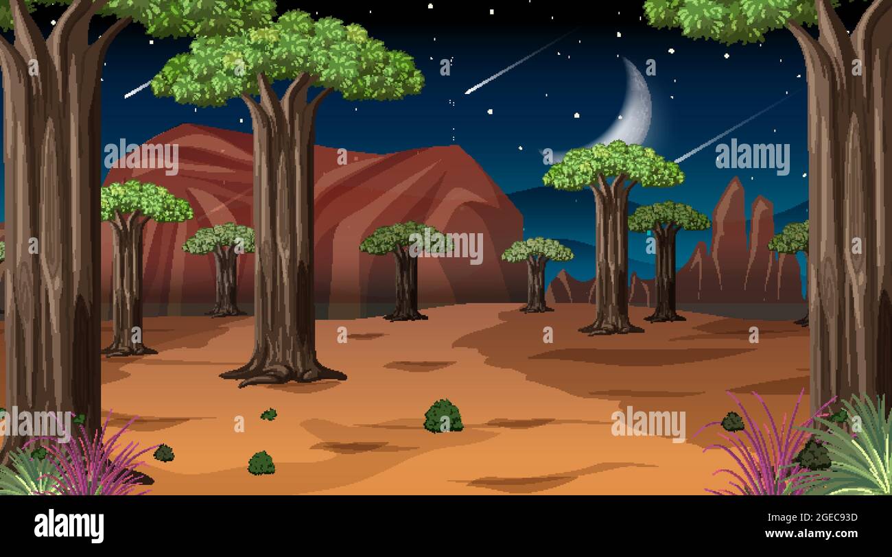 African Savanna forest landscape scene at night illustration Stock ...