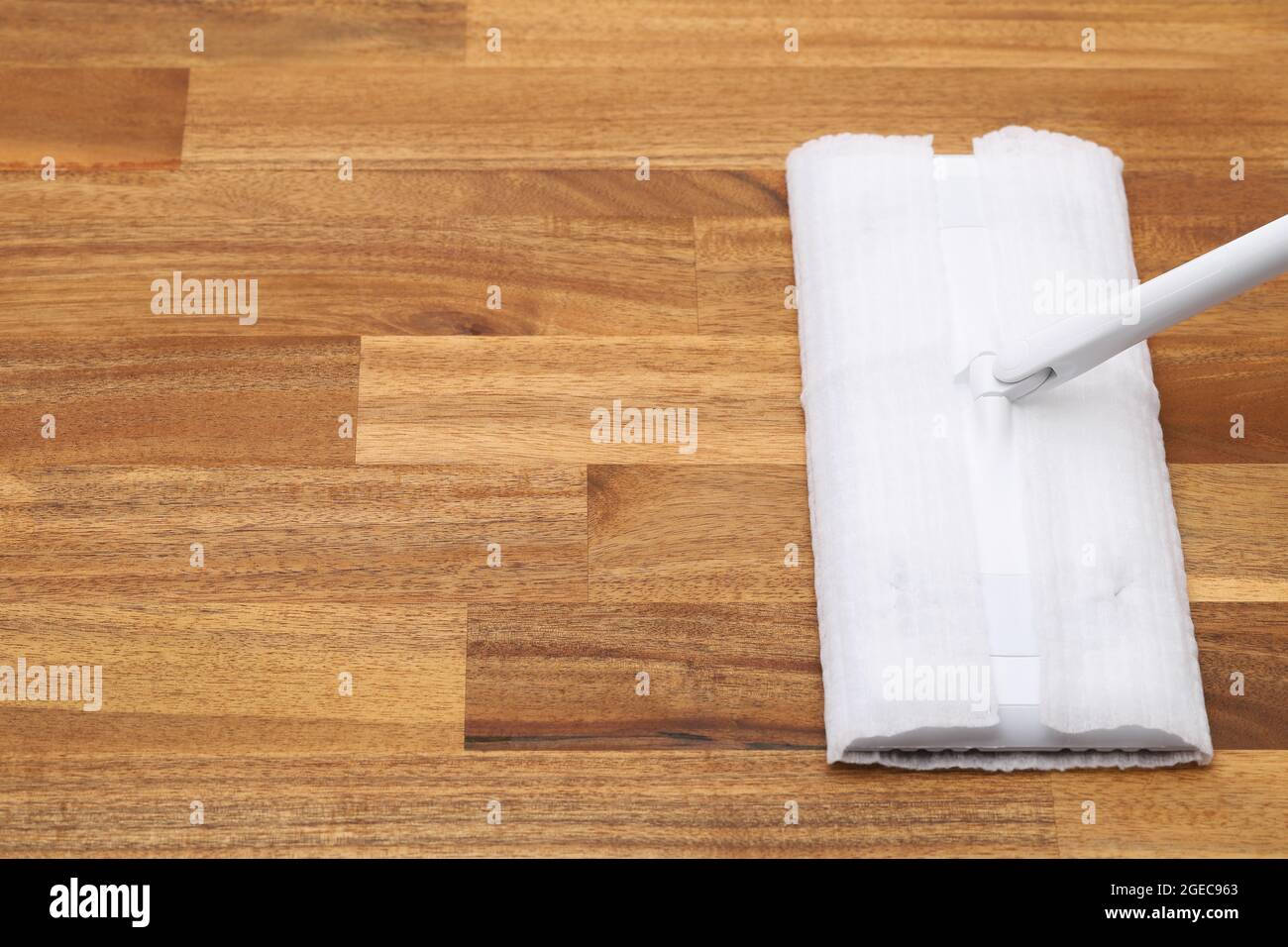 Part of flat wet paper mop and disposable working head on wooed floor ...