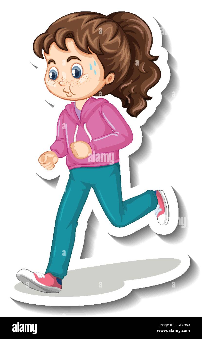 Cartoon character sticker with a girl jogging on white background ...
