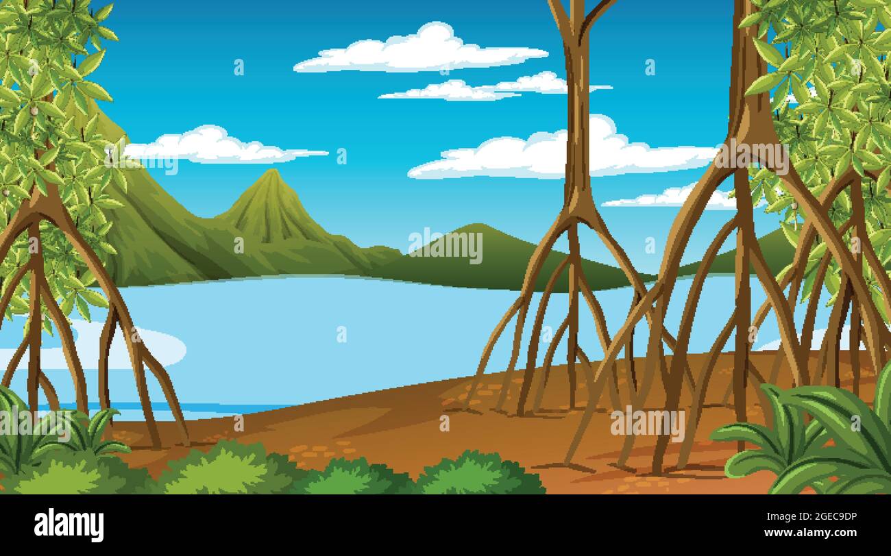 Nature scene with Mangrove forest at daytime in cartoon style ...
