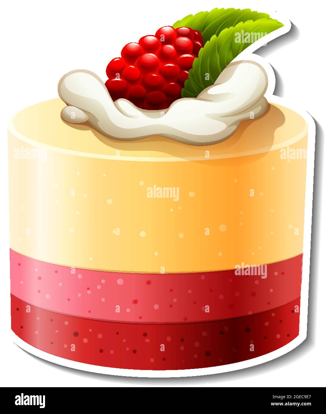 Three layer cake with raspberry sticker isolated on white background ...