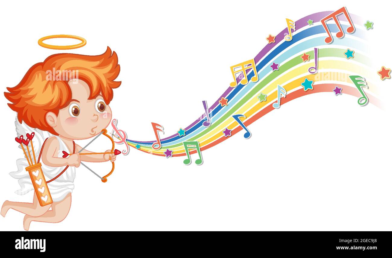 Cupid holding bow and arrow with melody symbols on rainbow illustration ...