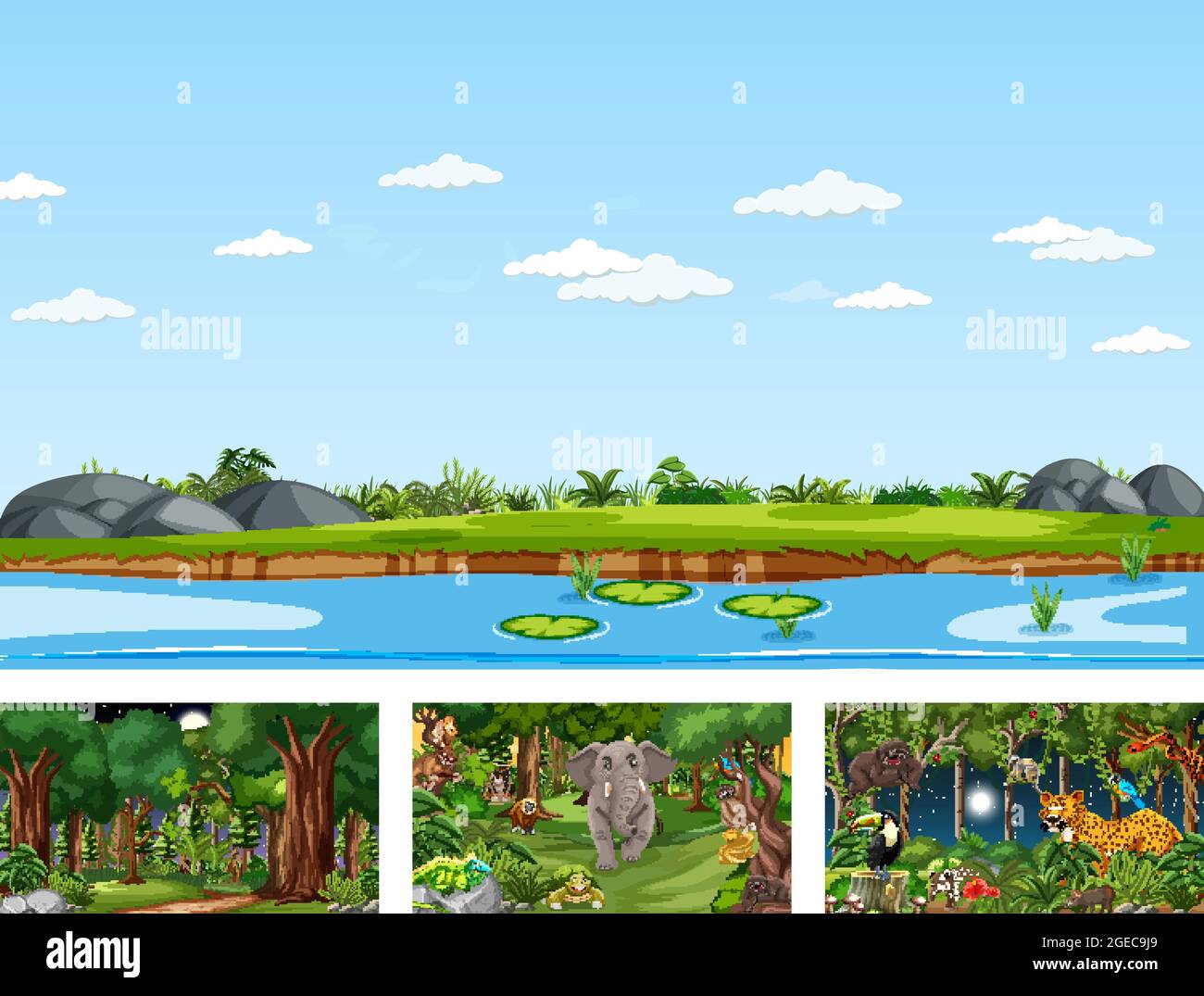 Set of different nature horizontal scene with various wild animals ...