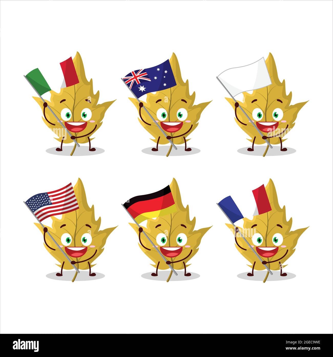 Maple yellow leaf cartoon character bring the flags of various ...