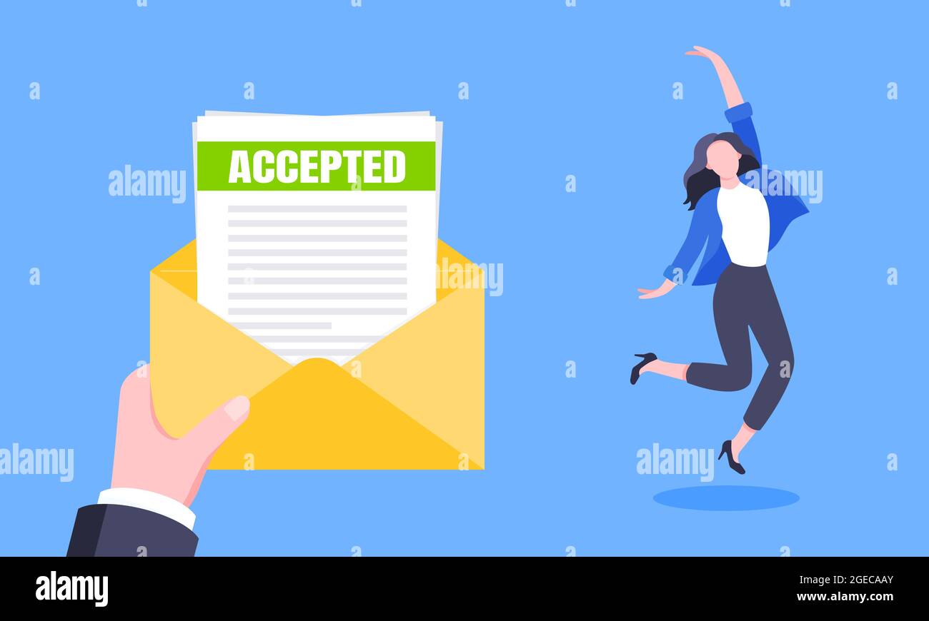Job or university acceptance letter with envelope and paper sheets ...