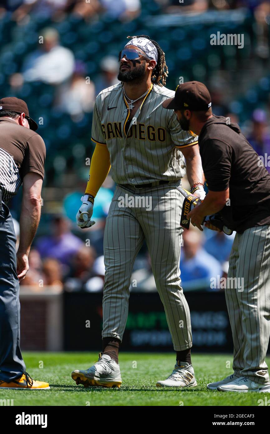 San Diego Padres right fielder Fernando Tatis Jr (23) gets hit by a ...
