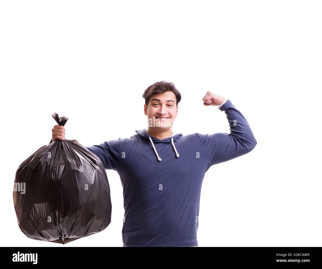 The man with garbage sack isolated on white Stock Photo - Alamy