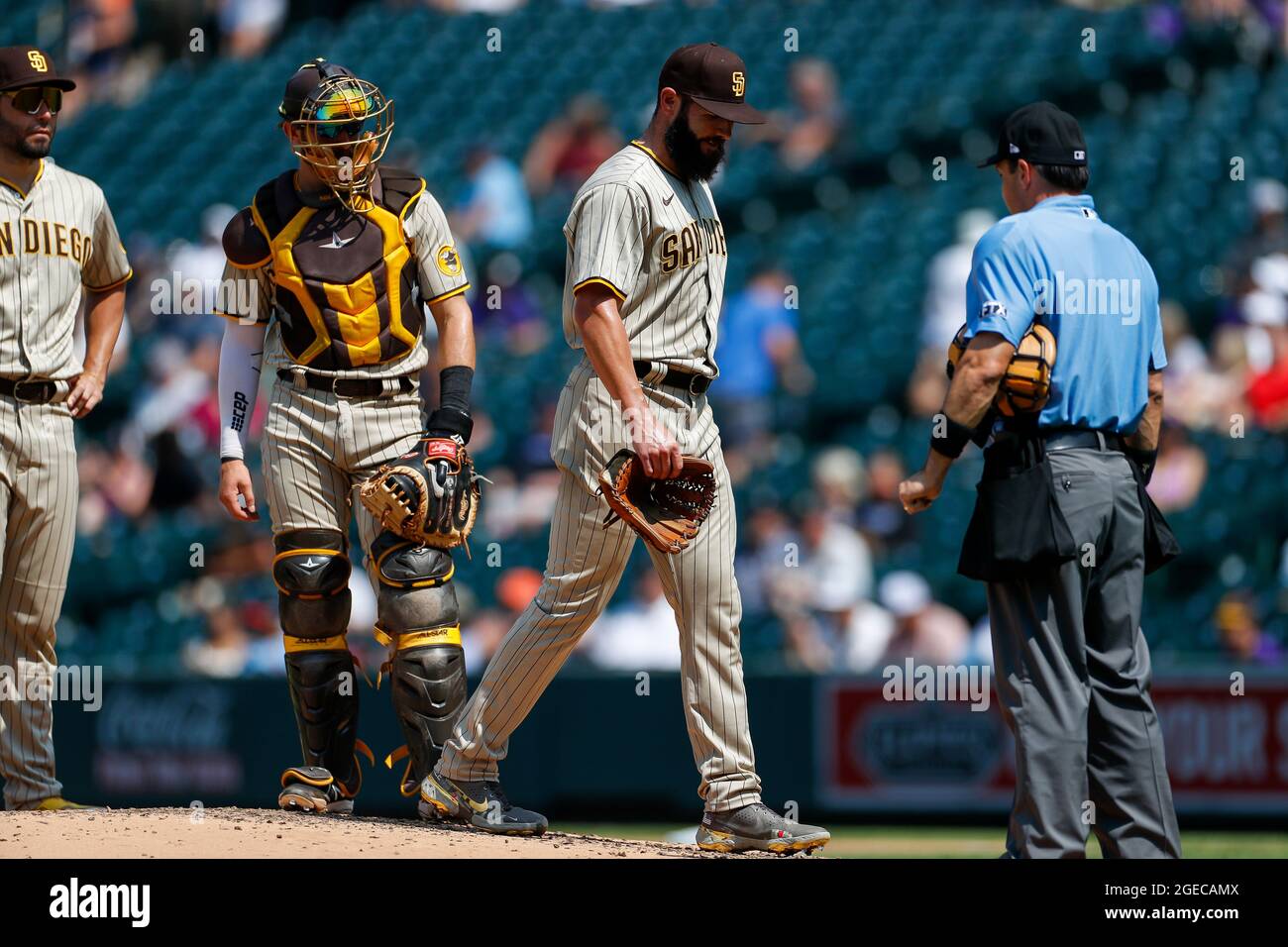 San Diego Padres pitcher Jake Arrieta (49) gets removed from the game ...