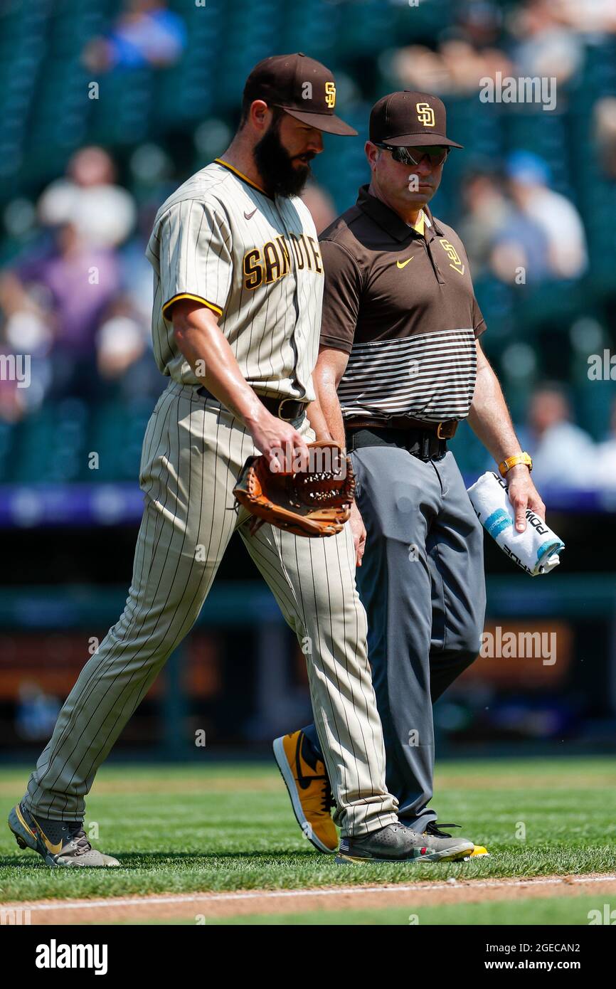 San Diego Padres pitcher Jake Arrieta (49) gets removed from the game ...