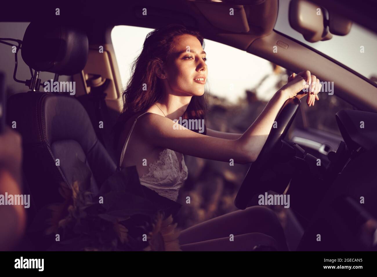 Beautiful smiling woman driving her car in the morning Stock Photo - Alamy