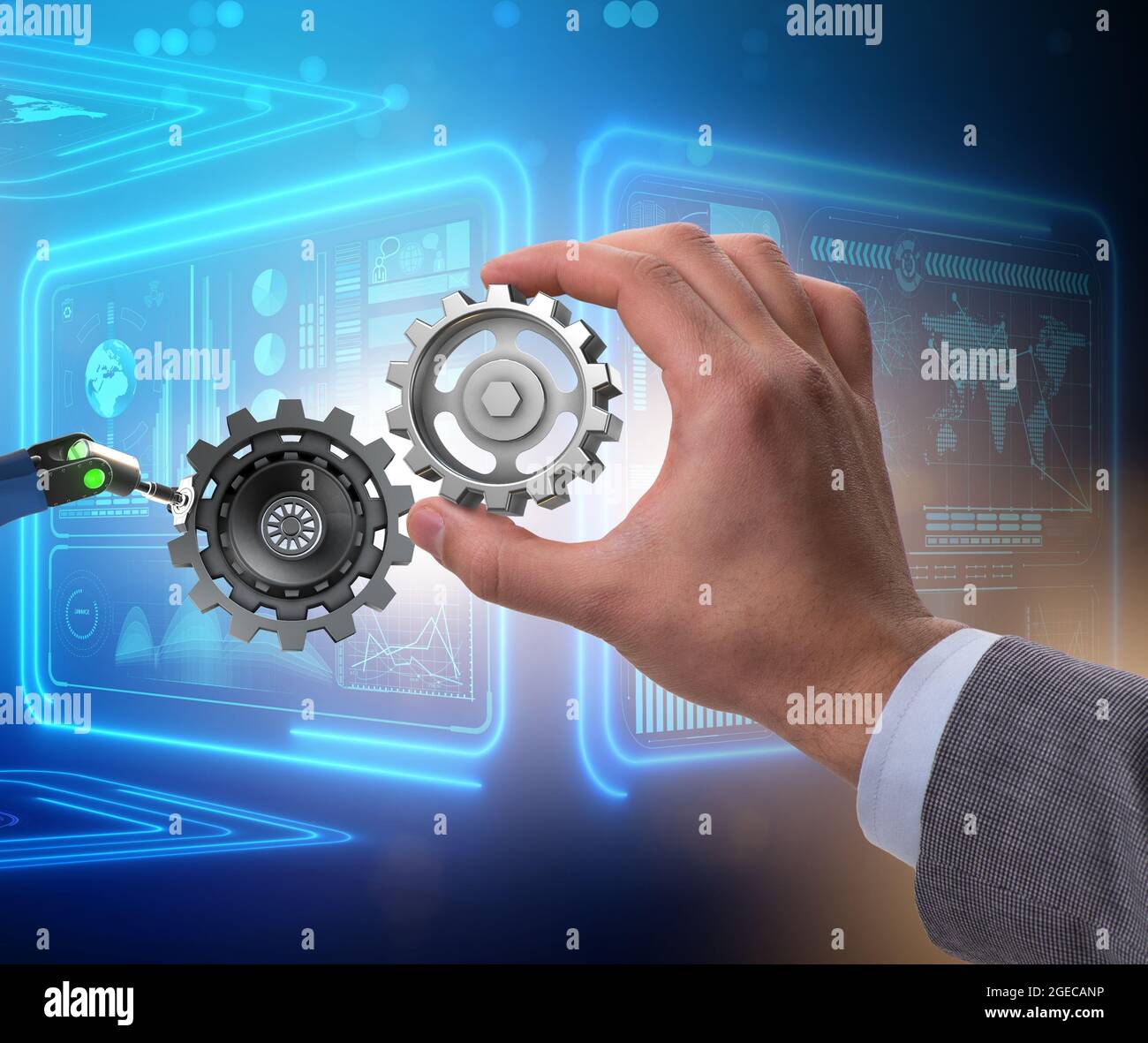 The teamwork concept with businessman and cogwheels Stock Photo - Alamy