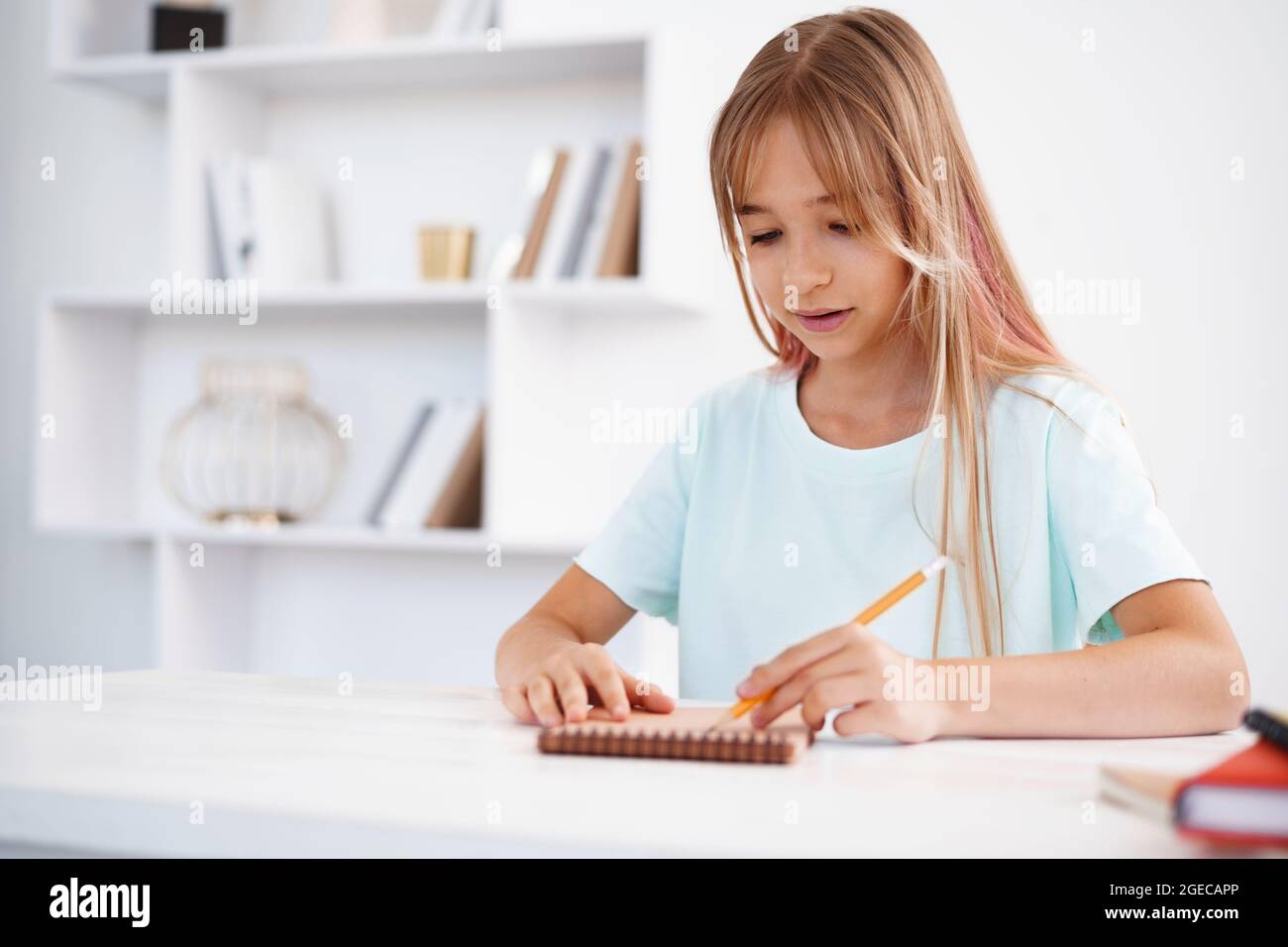 Teenage girl making notes in notepad, doing homework at table at home ...
