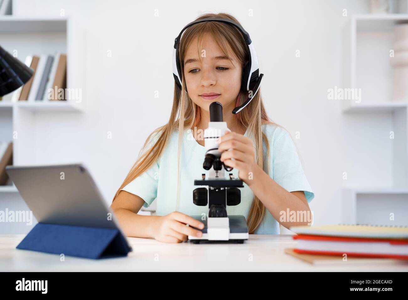 Young girl using microscope during online lesson education at home ...