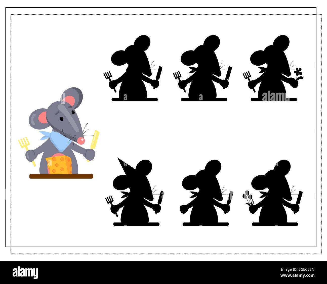 A logical game for children, Find a shadow. cute cartoon rat eating ...