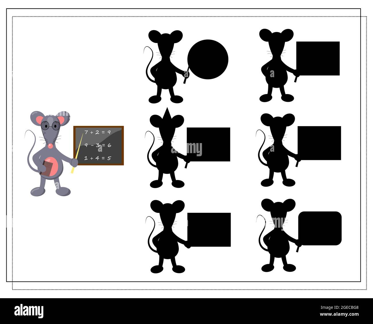 A logical game for children, Find a shadow. a cute cartoon rat rides on ...