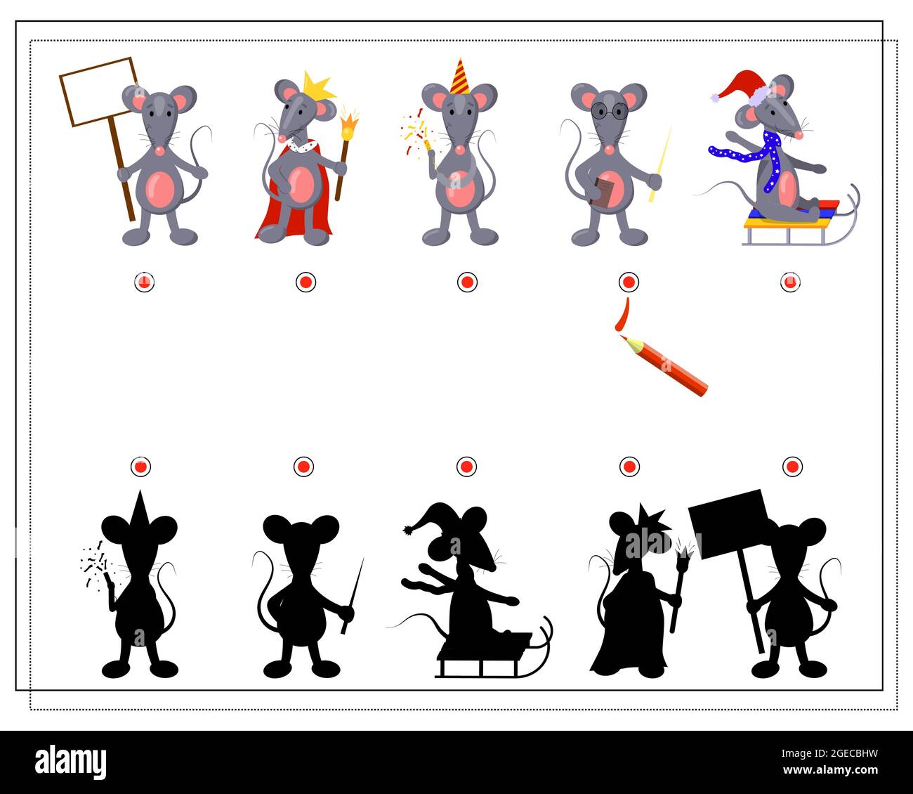 A puzzle game for children, find the right shadow for a cartoon rat ...
