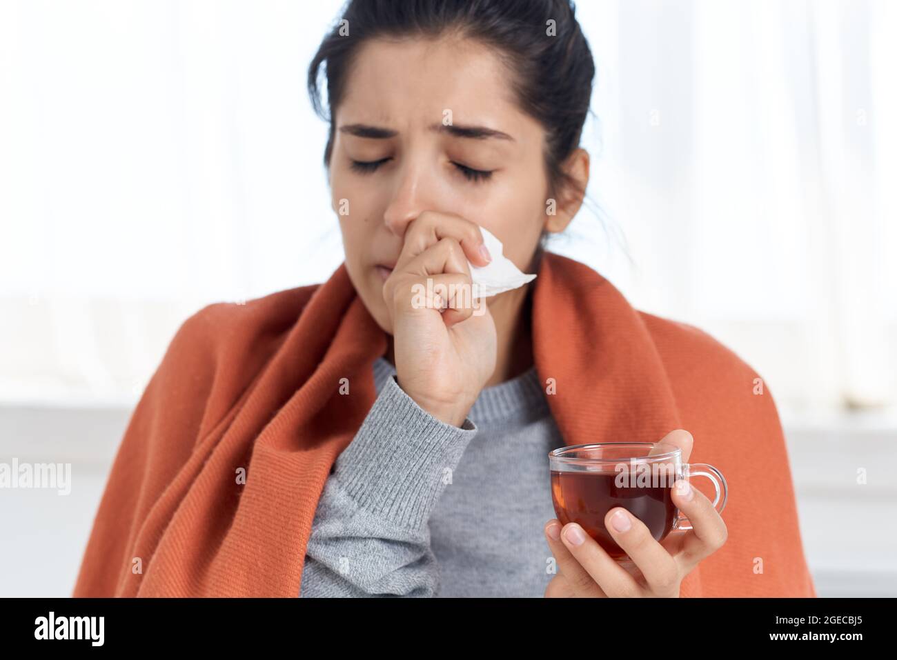 Sick woman cold treatment medication infection Stock Photo - Alamy