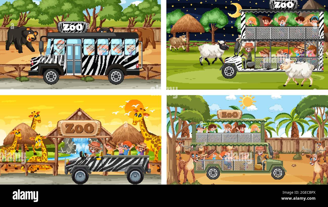 Set of different safari scenes with animals and kids cartoon character ...