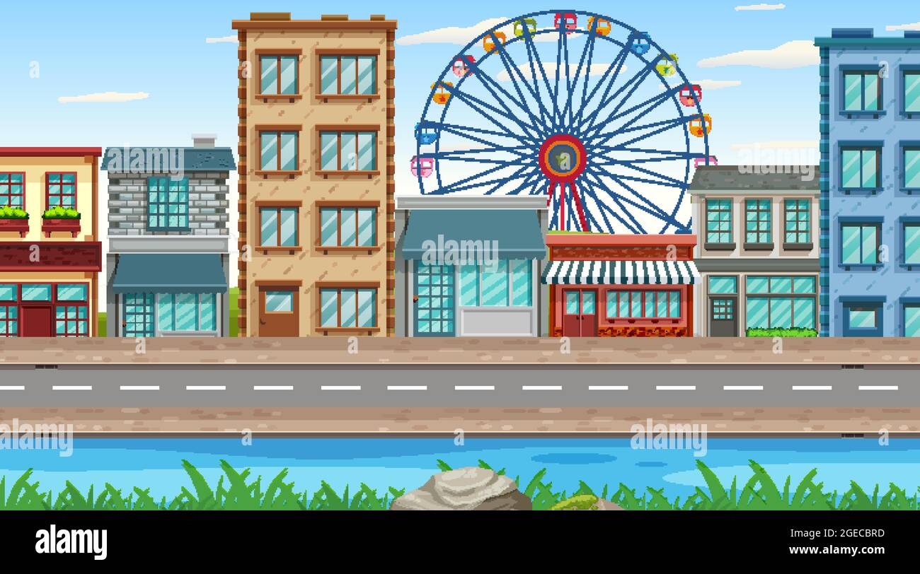 Town scene with many buildings along the road illustration Stock Vector ...