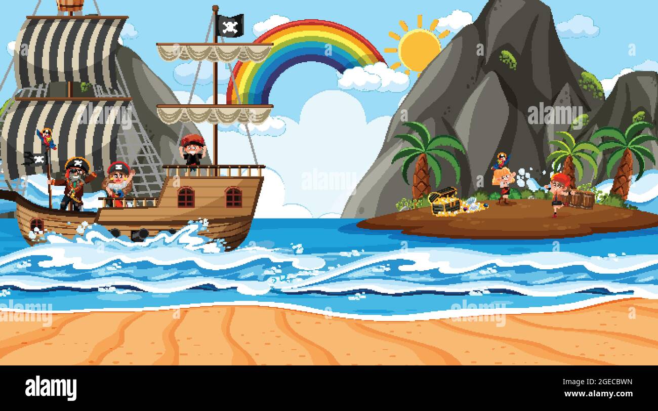 Beach scene at daytime with Pirate kids on the ship illustration Stock ...