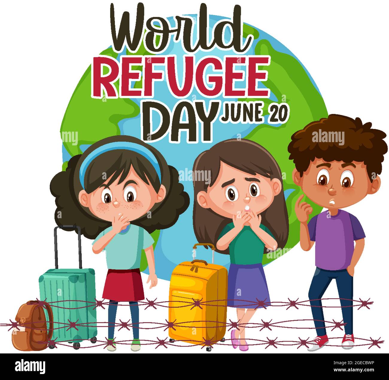 World Refugee Day banner with refugee people on globe background ...