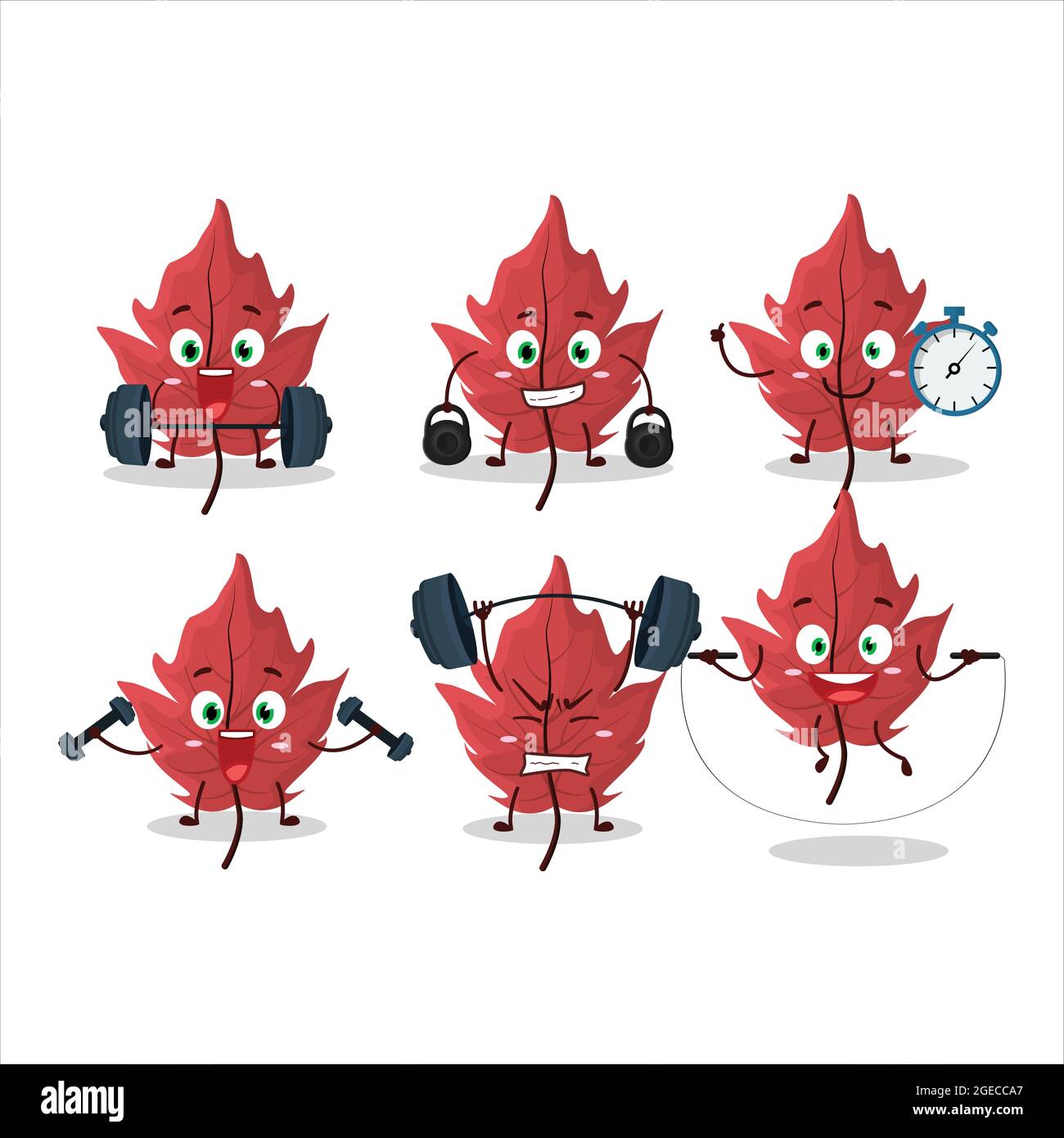 A healthy red autumn leaf cartoon style trying some tools on Fitness ...
