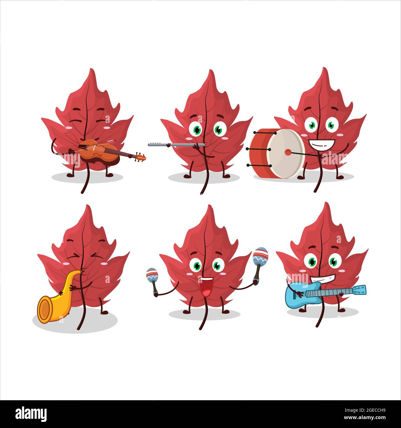 Cartoon character of red autumn leaf playing some musical instruments ...