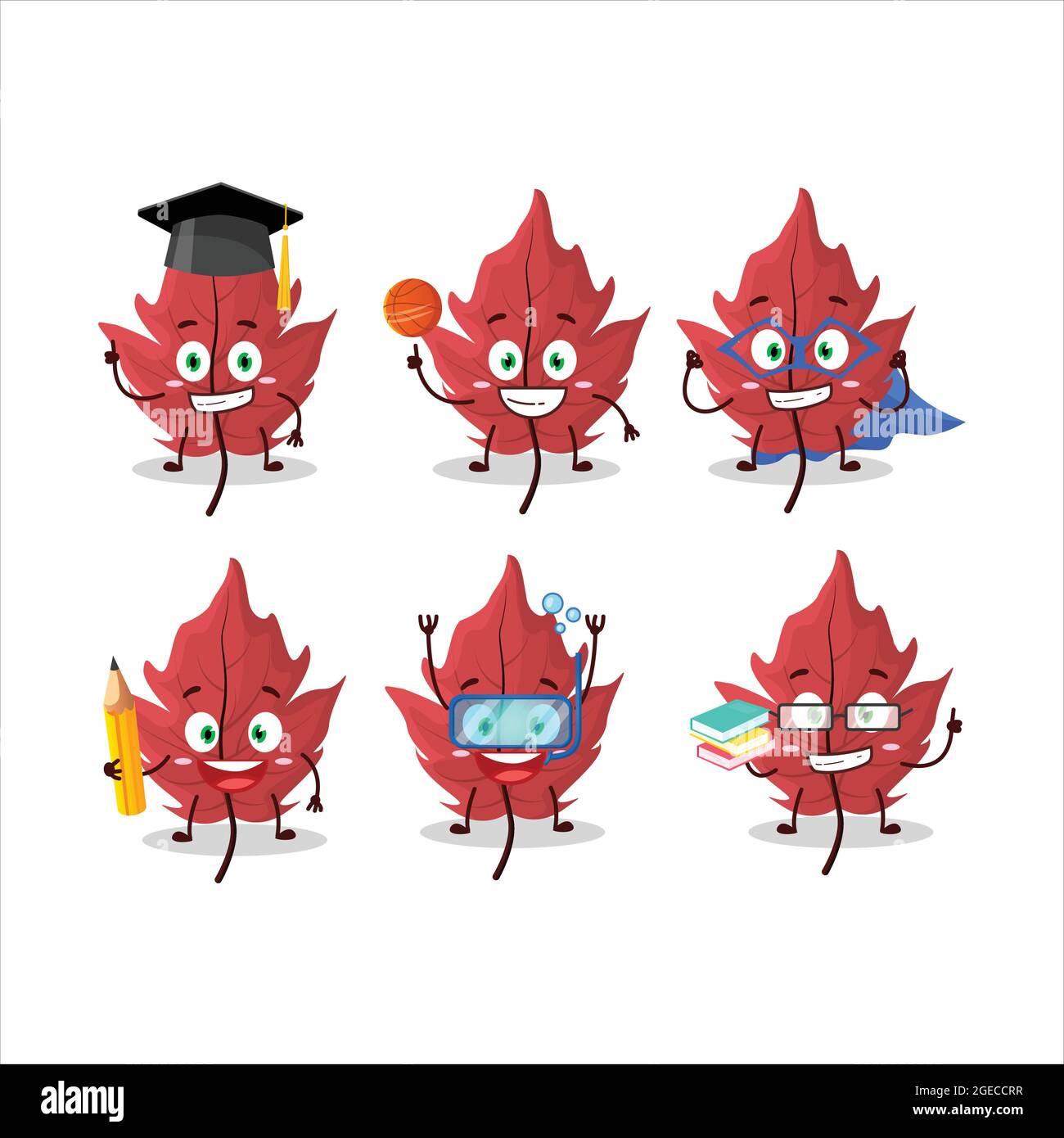 School student of red autumn leaf cartoon character with various ...