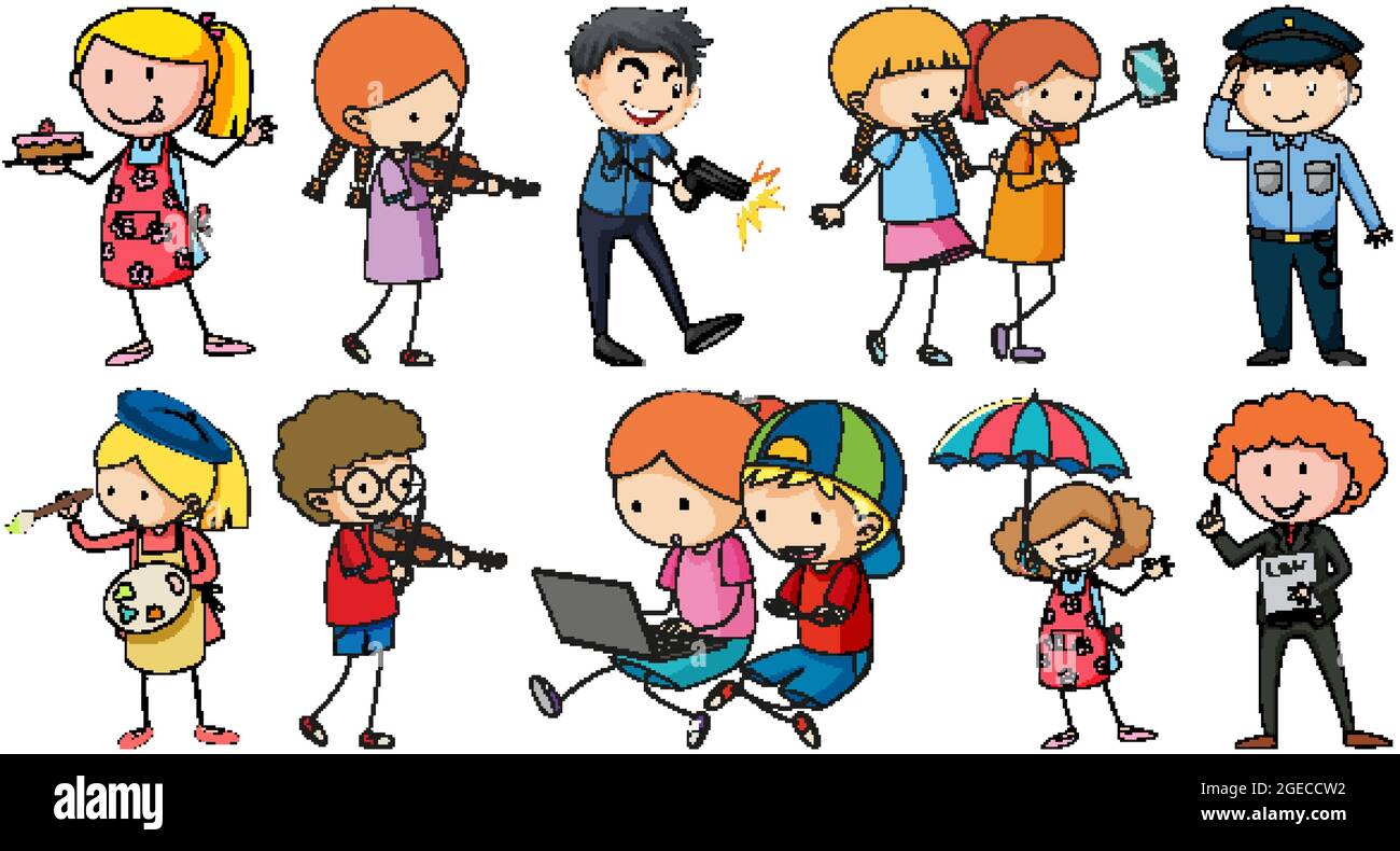 Set of different doodle kids cartoon character illustration Stock ...