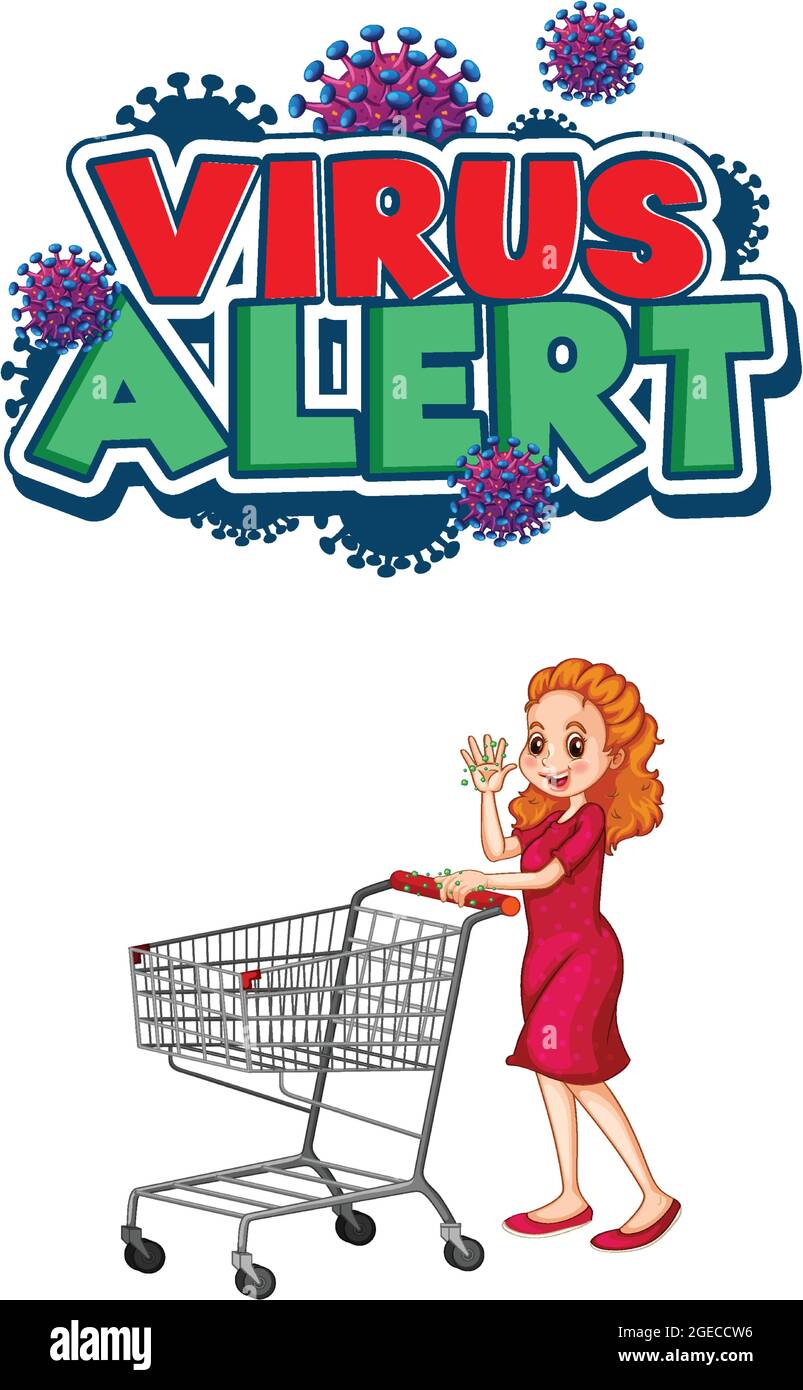 Virus Alert font design with a girl standing by shopping cart isolated ...