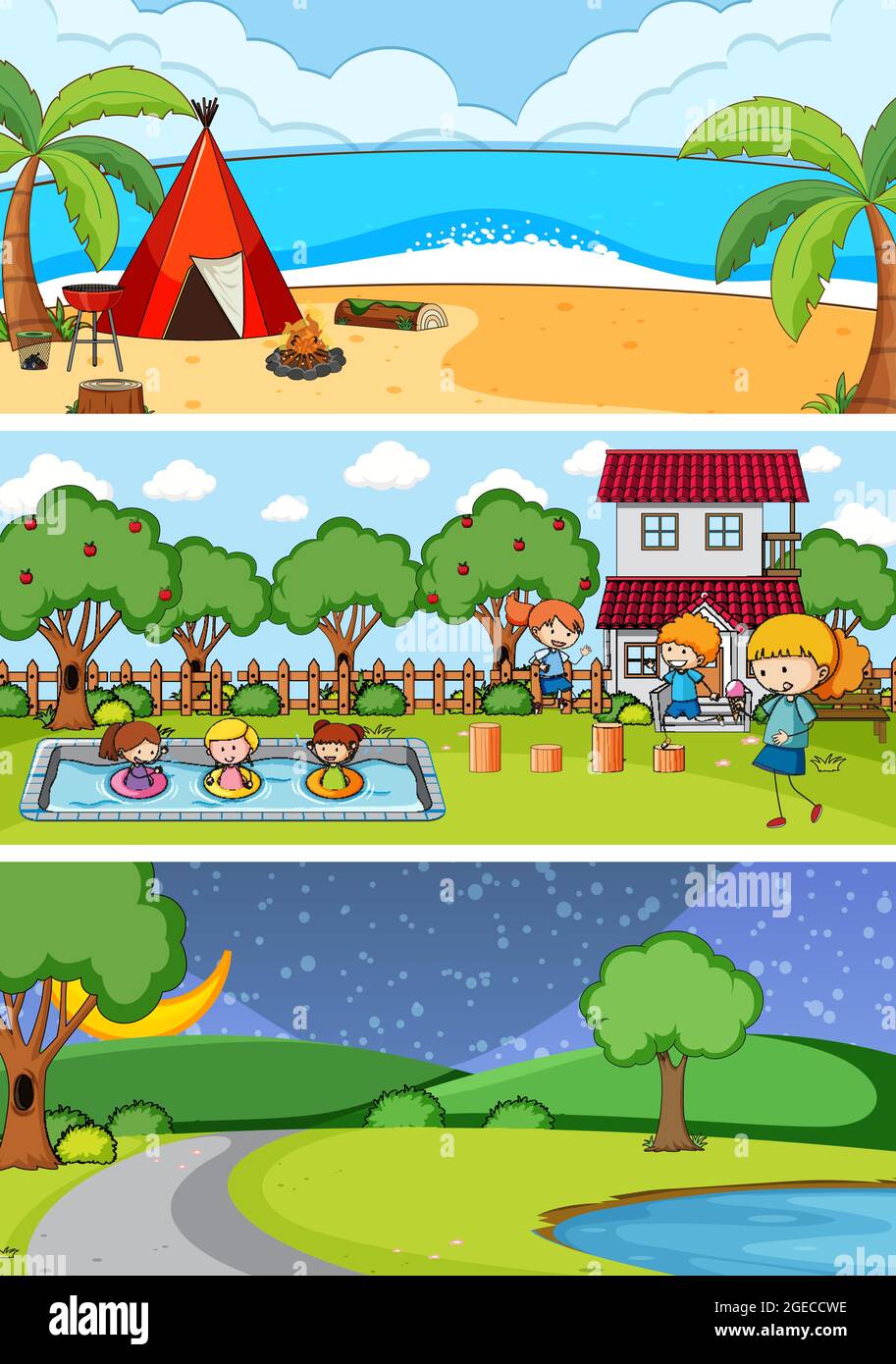Set of different horizon scenes background with doodle kids cartoon ...