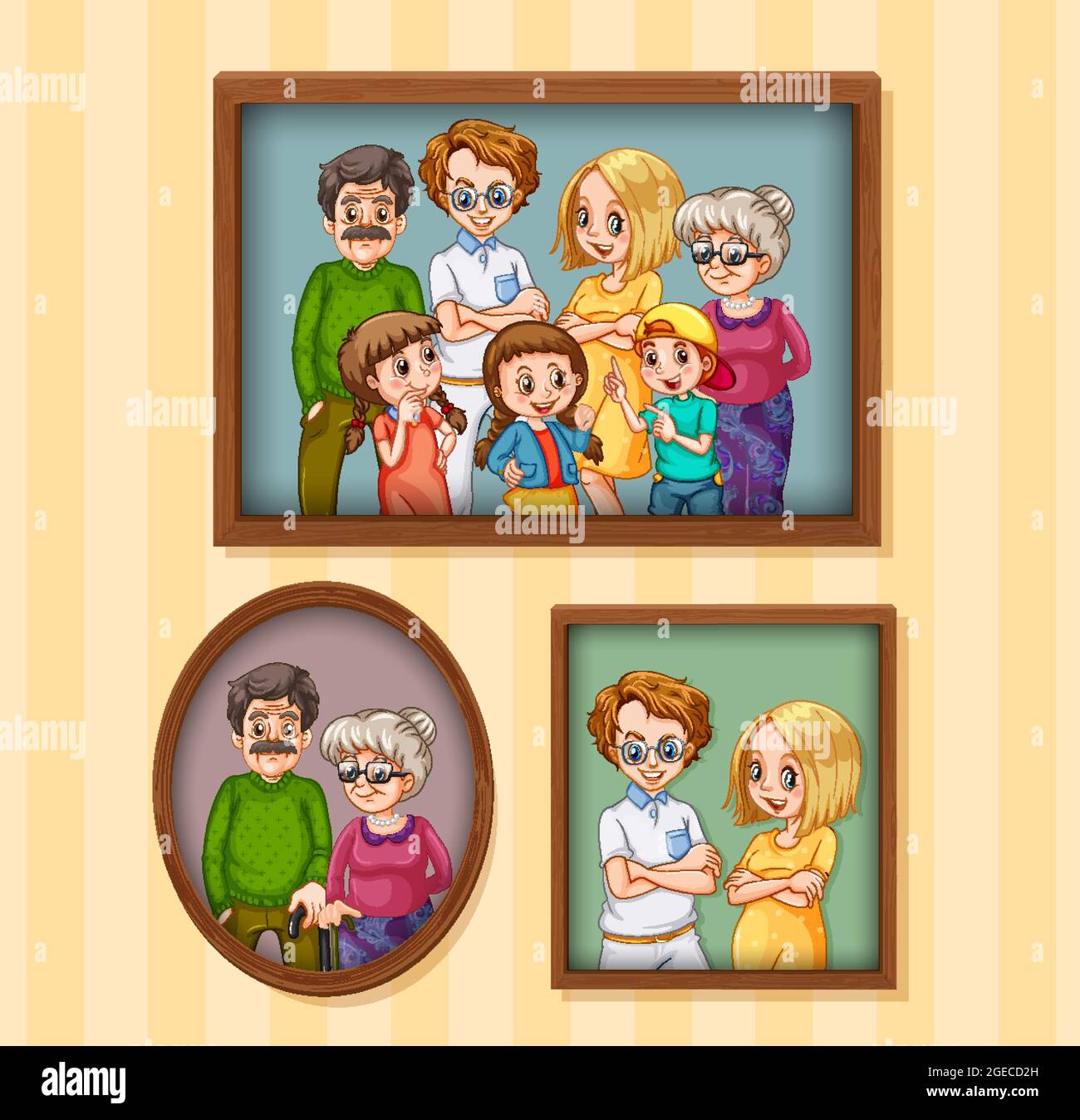 Set of happy family photo on the wooden frame illustration Stock Vector ...