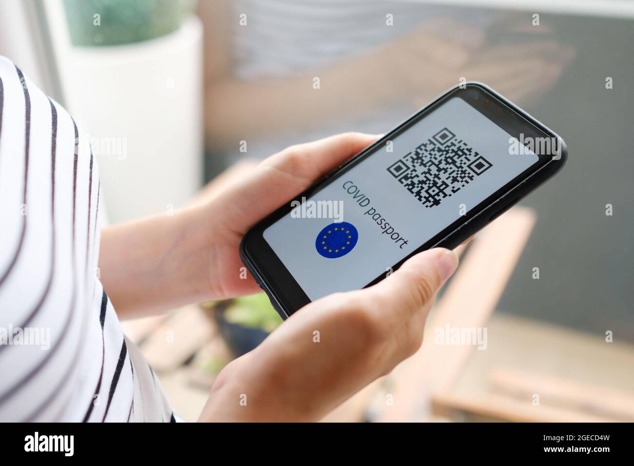 Woman checks her Covid pass application or digital health passport with ...