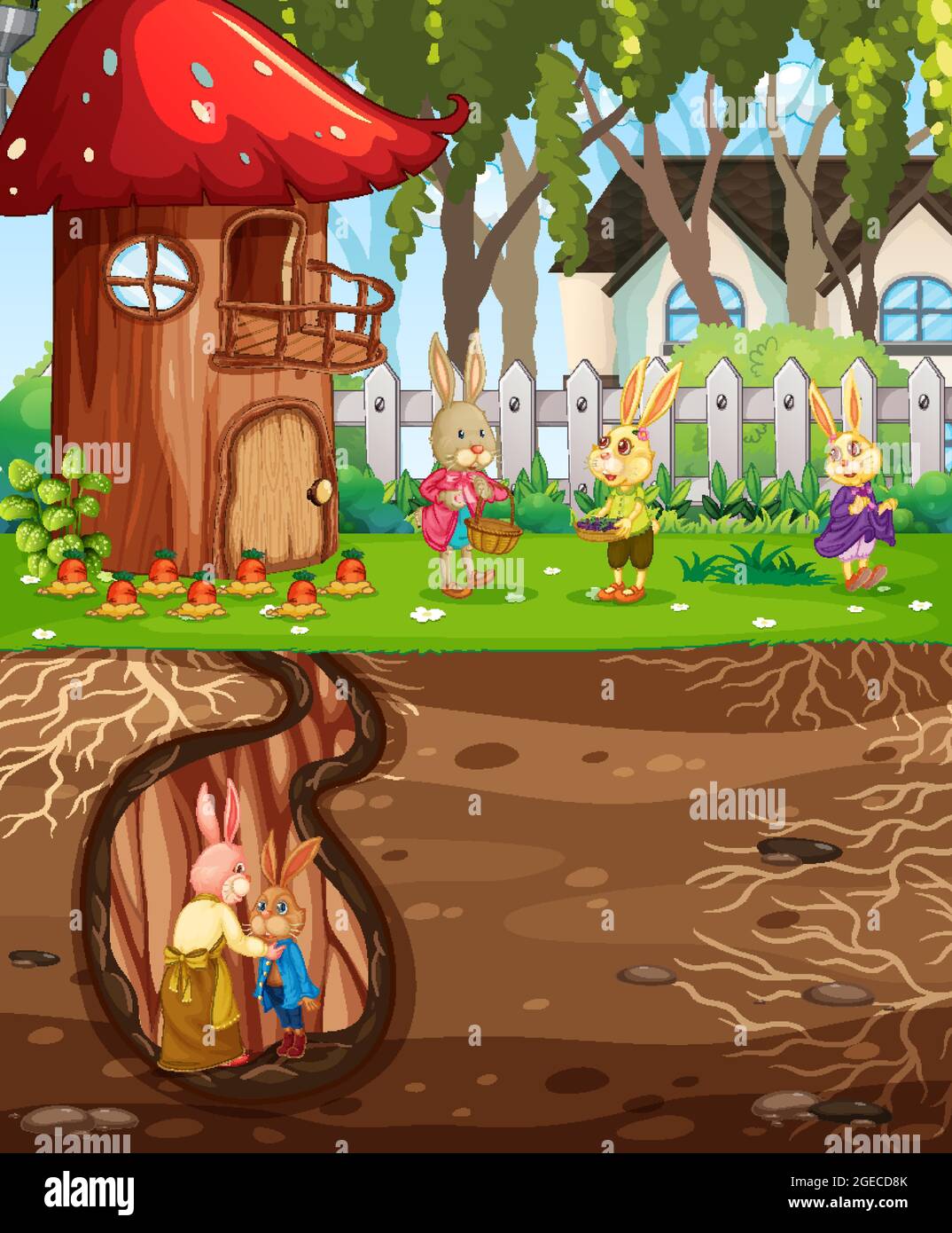 Underground rabbit hole with ground surface of the garden scene ...