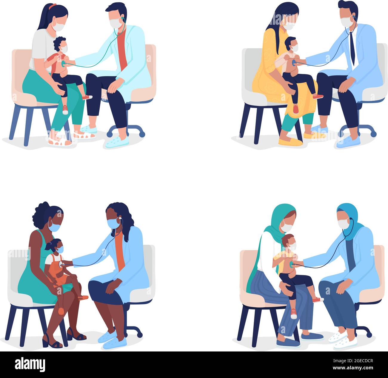 Pediatric examination semi flat color vector characters set Stock ...