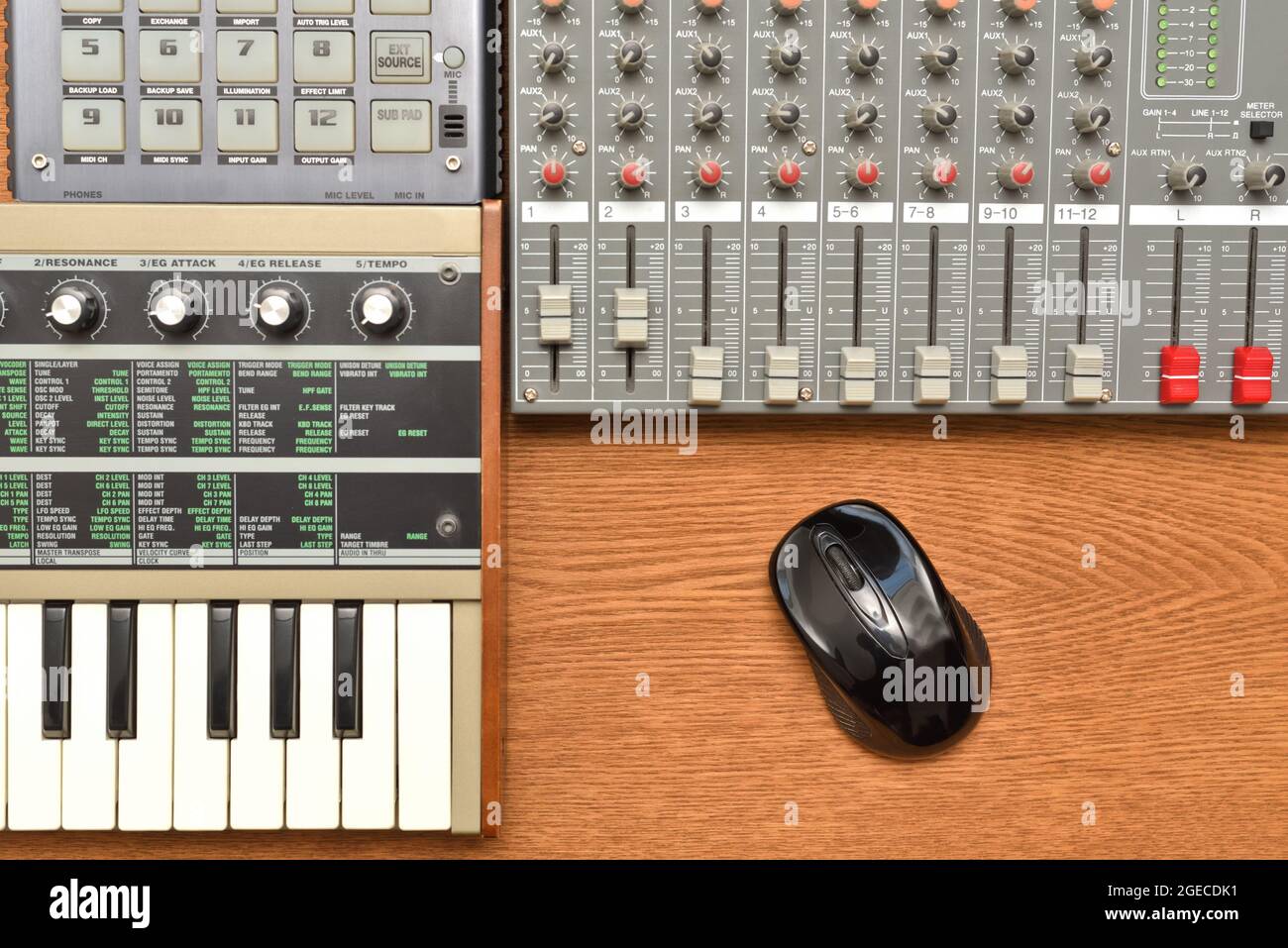 Home audio studio workspace with synthesizer, mixer and computer mouse ...