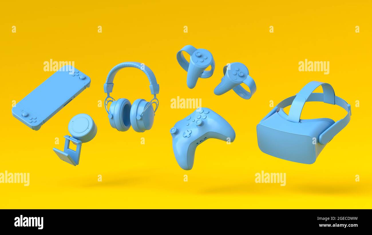 Flying gamer monochrome blue gears like mouse, keyboard, joystick ...